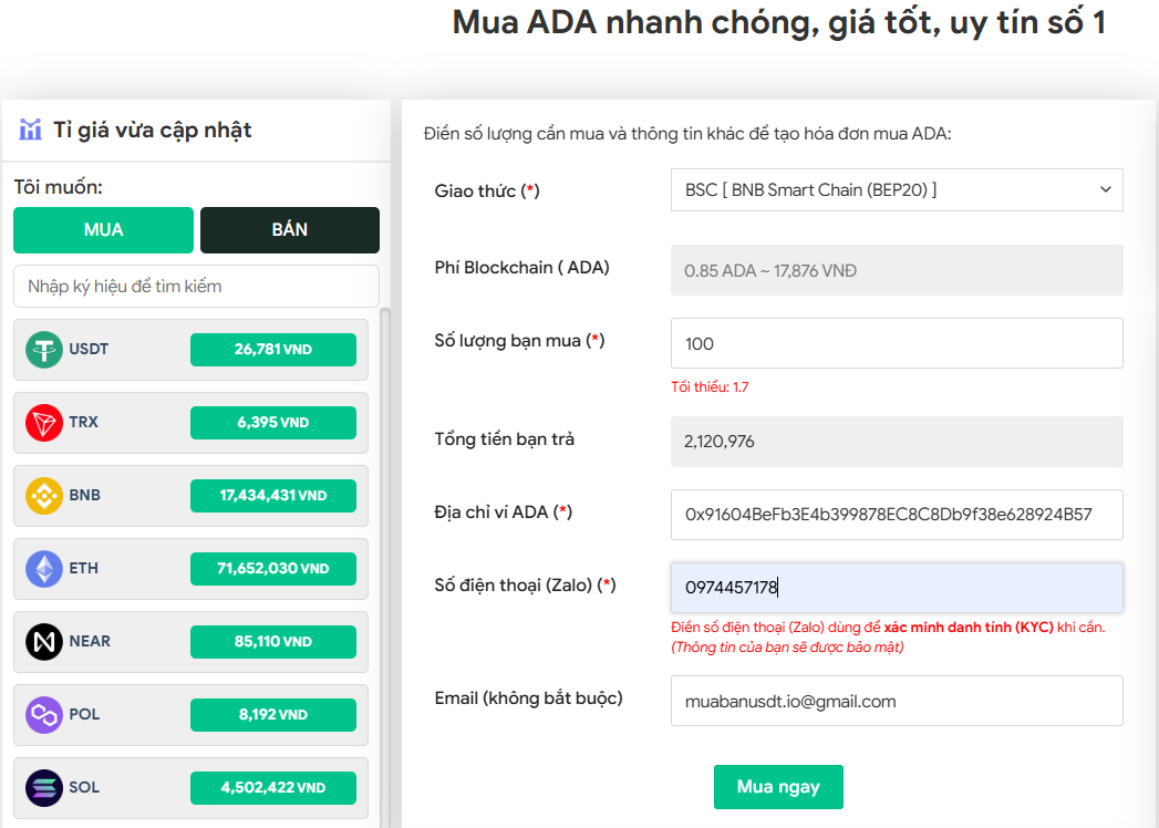 Mua ADA giá rẻ nhất thị trường